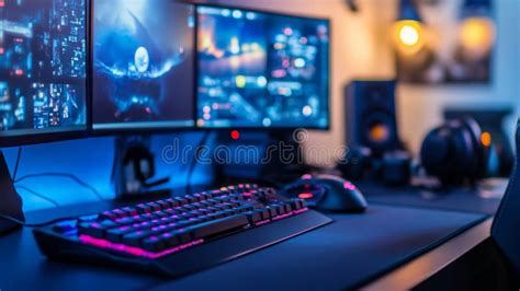 High End Gaming Setup With Dual Monitors And Accessories Stock Illustration Illustration Of