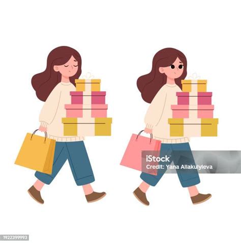 쇼핑백과 선물 상자를 가진 소녀 만화 스타일의 벡터 그림입니다 고객에 대한 스톡 벡터 아트 및 기타 이미지 고객 구매 귀여운 Istock