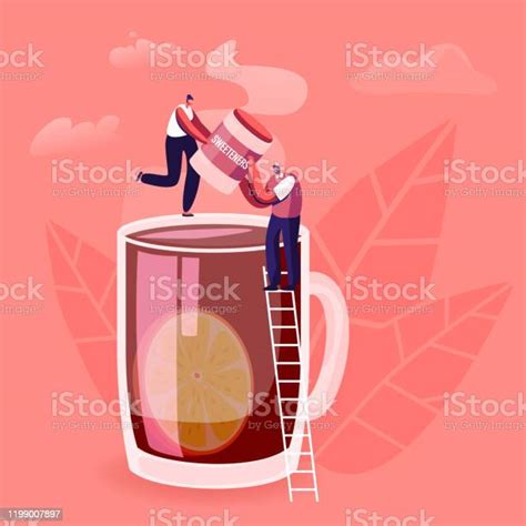 작은 남성과 여성 캐릭터는 뜨거운 음료에 인공 감미료 정제를 넣어 레몬 슬라이스와 차의 거대한 컵에 사다리에 서 당뇨병과 당뇨병 건강한 과자 만화 플랫 벡터 일러스트