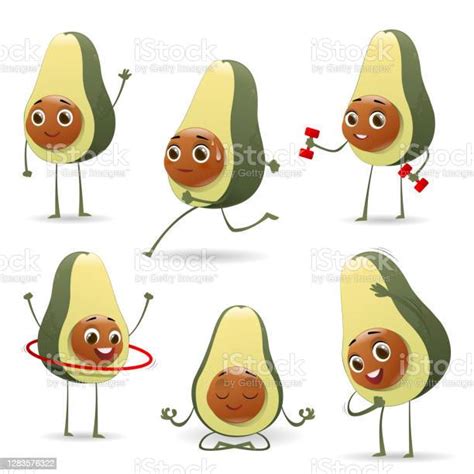 해피 보카도 캐릭터 세트 재미있는 건강한 라이프 스타일 귀여운 아보카도 캐릭터 세트 아보카도 스포츠 요가 명상 흰색 배경에