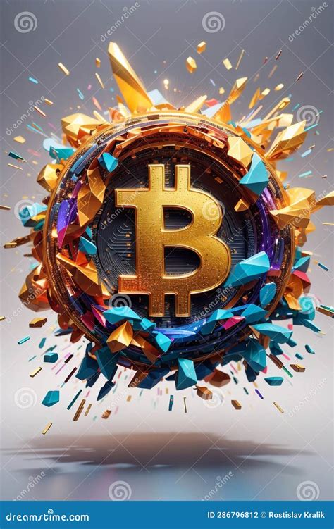 Stylized Bitcoin Coin Exploding Into A Burst Of Rainbow Hued Digital Particles Royalty Free