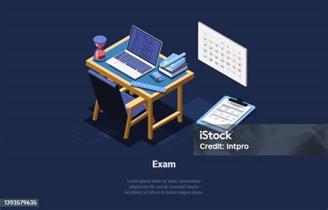 학교 및 시험 통과로 돌아 오는 개념 벽 달력 모래 시계 책상 및 학교 용품에 노트북이있는 교실 또는 캐비닛의 빈 현대 패션 인테리어 아이소메트릭 3d 벡터 일러스트 레이