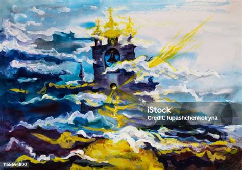 세련 된 그림은 현대 미술품 인상파 내 원래 회화 수채화 종이 초현실적 인 수평 풍경 상승 태양과 구름 하늘에 걸쳐 바람에 의해 구동 구름의 형태로 돔 하늘 환상적인 사원