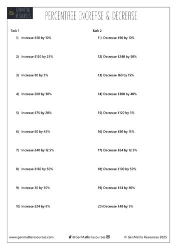 Percentage Increase And Decrease Maths Gcse Foundation Worksheet