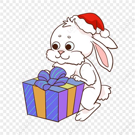 흰색에 선물 상자를 풀고 산타 모자를 쓰고 토끼 크리스마스 만화 스타일제전즐거움 Png 일러스트 무료 다운로드 Lovepik