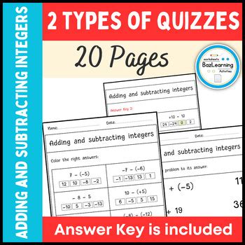 Adding And Subtracting Integers Quiz With Answers By BazLearning