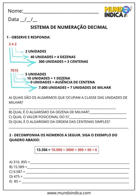 Atividades Sobre O Sistema De Numeração Decimal Para O 2º Ano