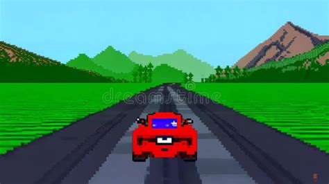 Retro Arcade Styled Pixel Car Driving To Horizon With Green Grass And