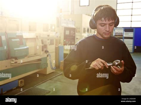 Worker Measuring With Caliper Area Automated Cnc Lathes Machined