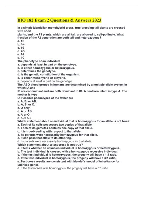 Bio 182 Exam 2 Questions And Answers 2023 Asu Bio 182 Stuvia Us