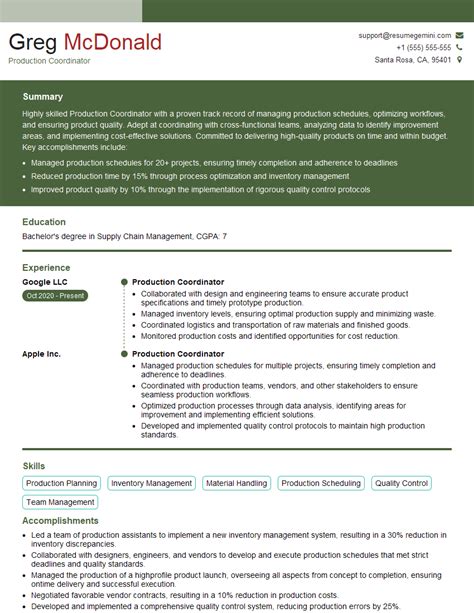 Production Coordinator Resume Template Resumegemini Online Resume