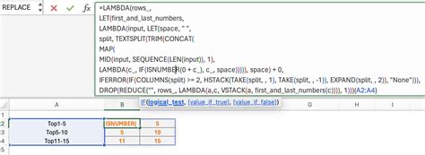 excel get the first and last number occuring in a text string in a