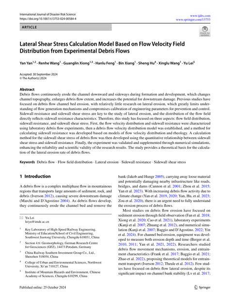Pdf Lateral Shear Stress Calculation Model Based On Flow Velocity