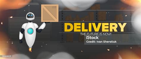 배달 배너 흰색 비행 로봇이 상자를 들고 있습니다 랙과 상자가 있는 창고 대형 창고 벡터 공장 산업 건물에 대한 스톡 벡터 아트 및 기타 이미지 Istock
