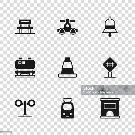 기차와 철도 철도 건널목 티켓을 살 수 있는 매표소 교통 원뿔 역 벨 대합실 핸드카 운송 및 석유 수조 아이콘을 설정합니다 벡터