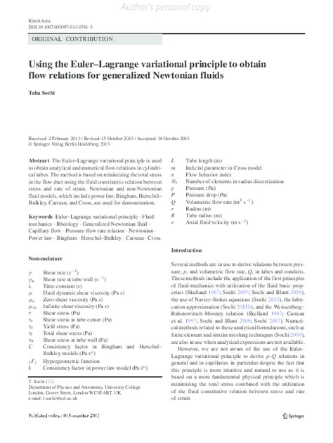 Using The Euler Lagrange Variational Principle To Obtain Flow Relations For Generalized