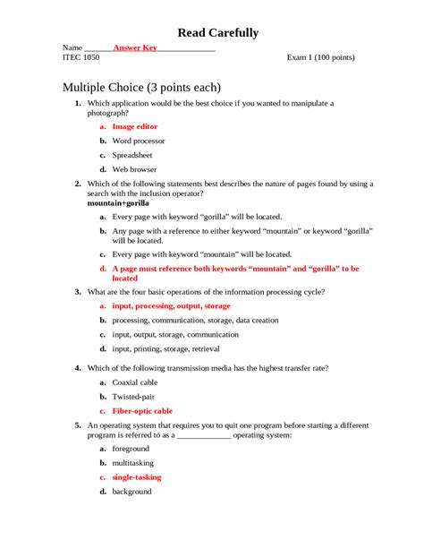 Old Exam 1 With Answer Key Computer Concepts And Applications Itec