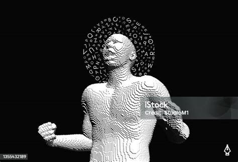 한 남자의 초상화가 머리 위에 혼란스러운 순서로 편지의 후광으로 큰 소리로 외쳤다 화가 난 근육질의 남자가 닫힌 주먹으로 무언가를 고함을 지르고 있습니다 복셀 아트3d 벡터