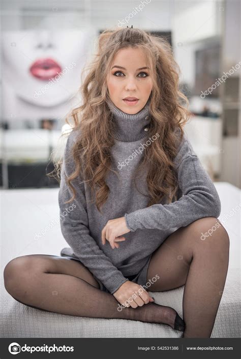 Attractive Woman Black Pantyhose Long Curly Hair Posing Challenging Bed