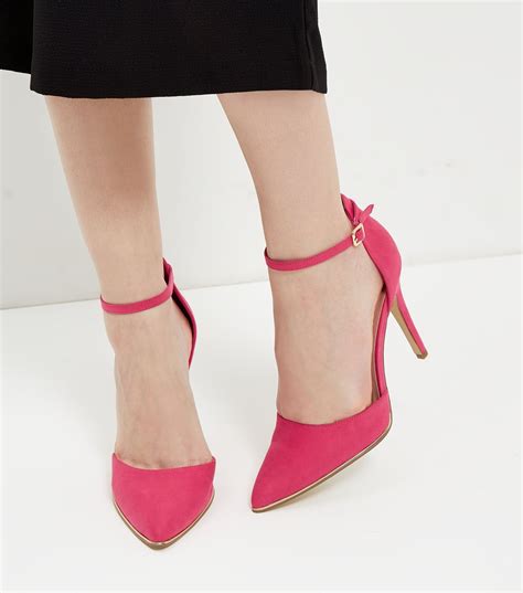 Wide Fit Bright Pink Suedette Ankle Strap Pointed Heels Pointed Heels