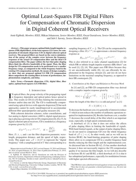 Pdf Optimal Least Squares Fir Digital Filters For Compensation Of Chromatic Dispersion In