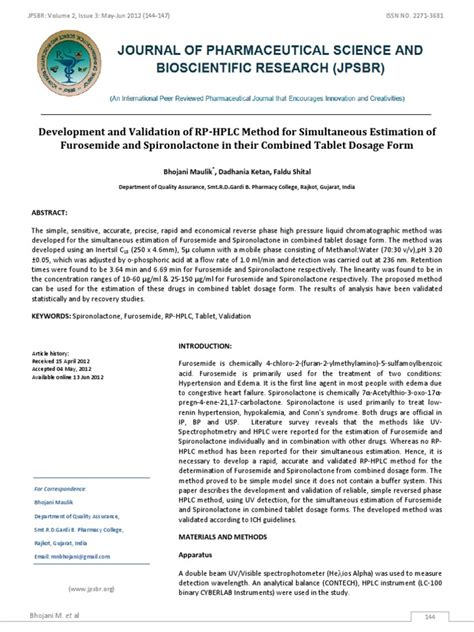 Development And Validation Of Rp Hplc Method For Simultaneous Estimation Of Furosemide And