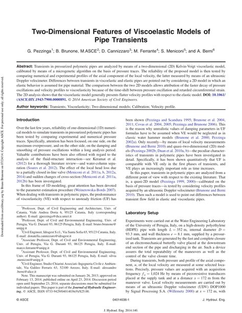 Pdf Two Dimensional Features Of Viscoelastic Models Of Pipe Transients
