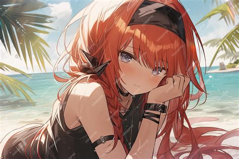 Premium Ai Image Beautiful Ginger Anime Girl On Beach Generative Ai