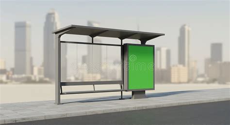 Bus Stop Shelter With Green Advertisement Display In City Background