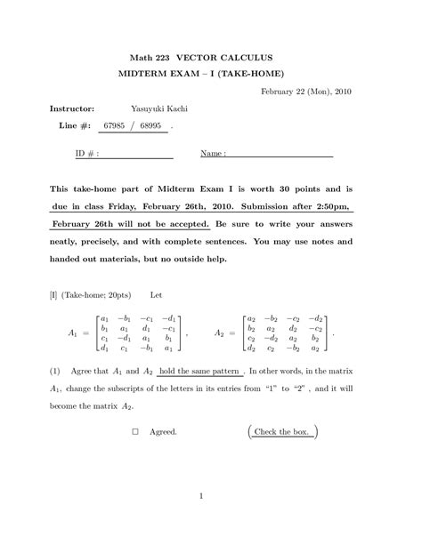 midterm exam with solution for vector calculus math 223 docsity