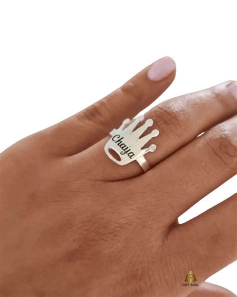 טבעת כתר חריטת שם טבעת לאישה כסף או ציפוי זהב