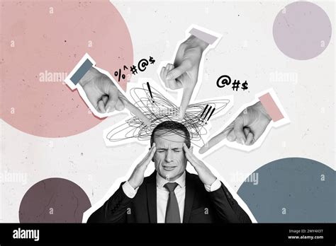 Composite Photo Collage Of Tired Businessman Headache Hands Point Index
