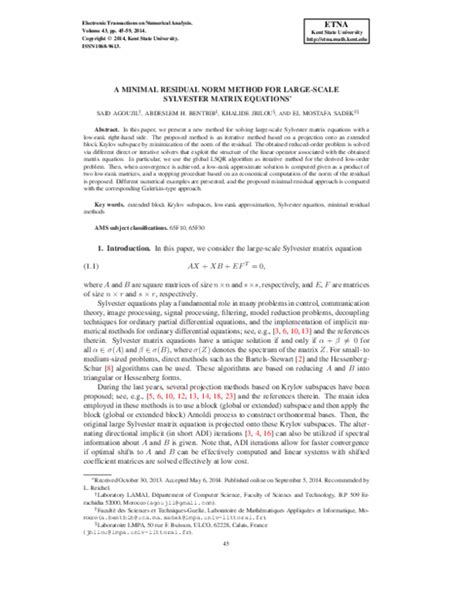 Pdf A Minimal Residual Norm Method For Large Scale Sylvester Matrix