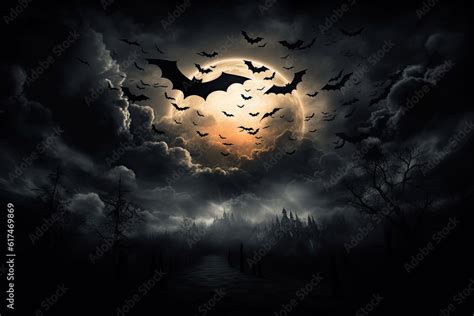 Scary Night Sky With Full Moon Clouds And Bats Background Halloween