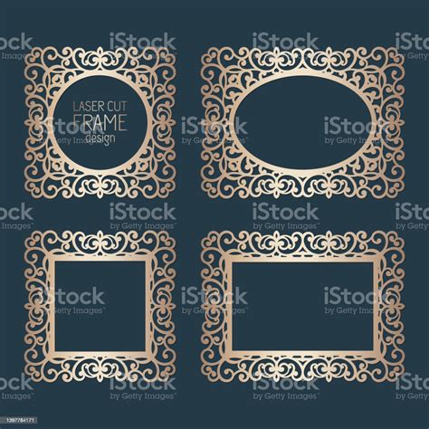 레이저 컷 종이 레이스 프레임 벡터 일러스트 레이 션 장식용 컷 아웃 사진 프레임 세트 절단을위한 템플릿 결혼식 초대장 및 인사말 카드를위한 요소 0명에 대한 스톡 벡터