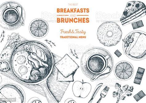 아침 식사 Brunches 보기 프레임 가기 음식 메뉴 디자인입니다 빈티지 손으로 그린 스케치 벡터 일러스트입니다 아침 식사에 대한 스톡 벡터 아트 및 기타 이미지 Istock