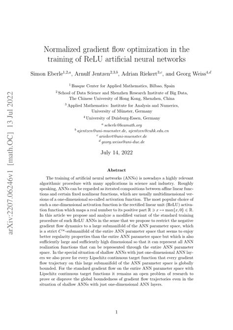 Pdf Normalized Gradient Flow Optimization In The Training Of Relu Artificial Neural Networks