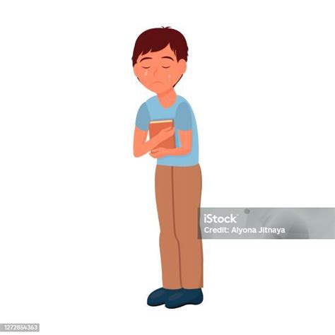 우울한 소년 플랫 벡터 일러스트를 울고 혼자 만화 캐릭터 서 얼굴에 눈물아이 화가 아이 외로운 아이 나쁜 분위기 흰색 배경에