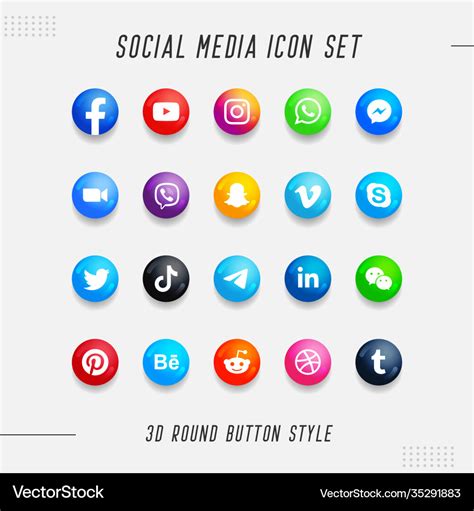 Colorful 3d Round Social Media Button Icon Set Vector Image