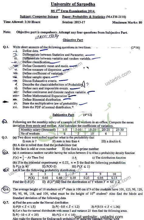Probability And Statics Bscs 2014 Uos Ustadni