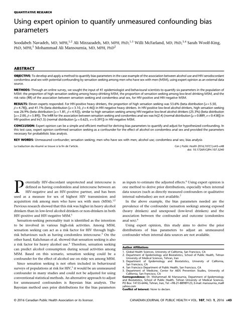 Pdf Using Expert Opinion To Quantify Unmeasured Confounding Bias Parameters