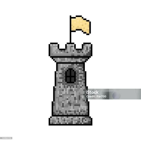 플래그 아이콘이 있는 픽셀 성 타워 컬러 실루엣 전면 보기 편집 가능한 픽셀 벡터 간단한 평면 그래픽 그림입니다 흰색 배경에 격리된 개체입니다 격리 8에 대한 스톡 벡터