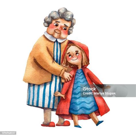 할머니와 어린 소녀 귀여운 동화 캐릭터 작은 빨간 승마 후드 손녀 카드를 가진 할머니 가족 초상화 만화 캐릭터 가족 포옹 수채화 그림 빨간 모자에 대한 스톡 벡터 아트 및