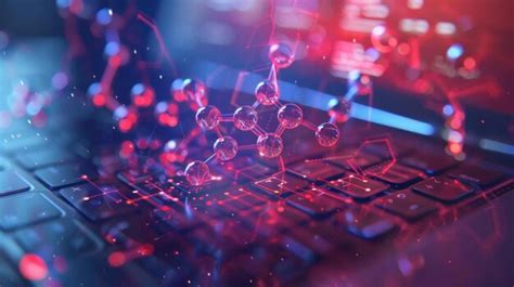 Digital Visualization Of A Molecular Structure Overlaying A Computer Keyboard Premium Ai