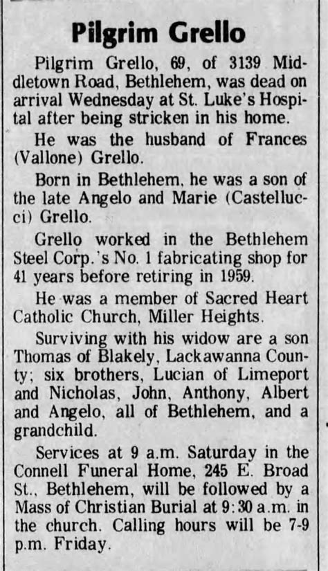 Pilgrim Grello Obit 1977 ™