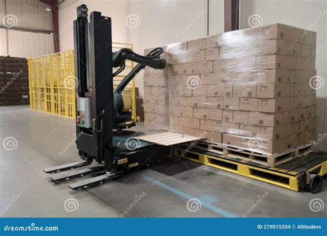 Palletizing Robot With Completed Pallet Of Product Being Loaded Onto Delivery Truck Stock