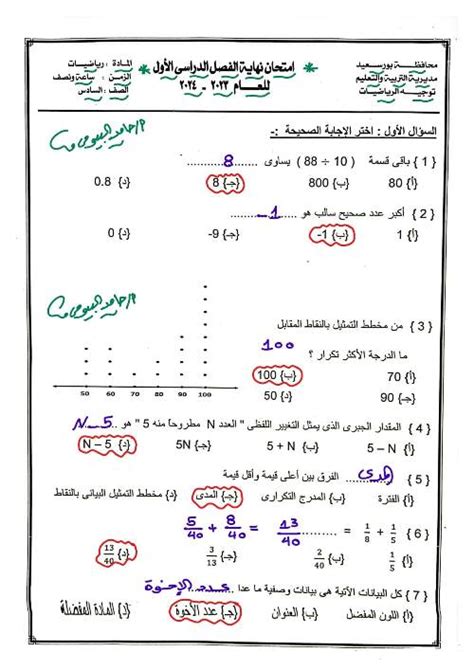 امتحان رياضيات محافظة بورسعيد للصف السادس الإبتدائى مدرس اول