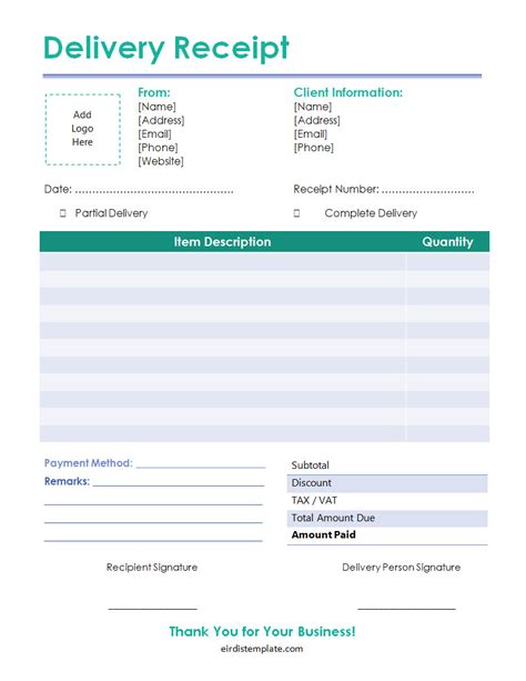 Free Delivery Receipt Template