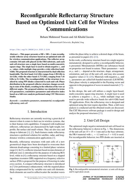 Pdf Reconfigurable Reflectarray Structure Based On Optimized Unit Cell For Wireless Communications