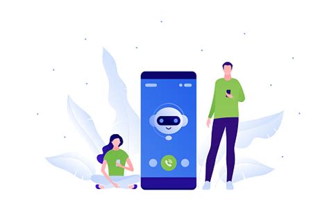 챗봇 Ai 및 고객 서비스 지원 개념 벡터 플랫 사람 그림입니다 남자와 여자는 스마트 폰을 개최합니다 통화 기호와 휴대 전화 화면에 챗봇 배너 포스터를 위한 디자인 요소